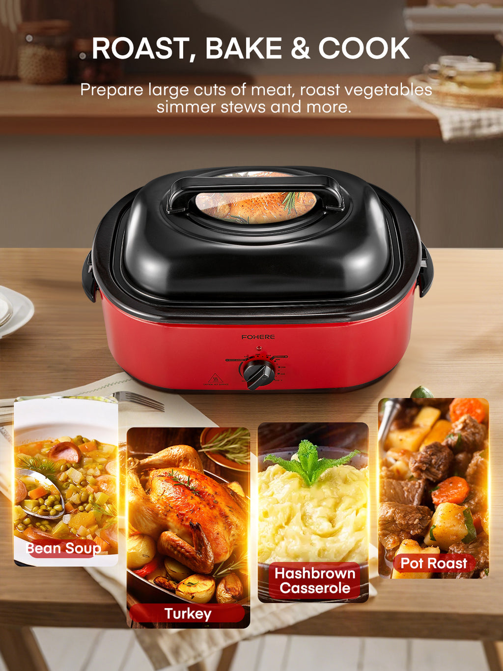 FOHERE 26-Quart Electric Roaster Oven with Visible & Self-Basting Lid ...