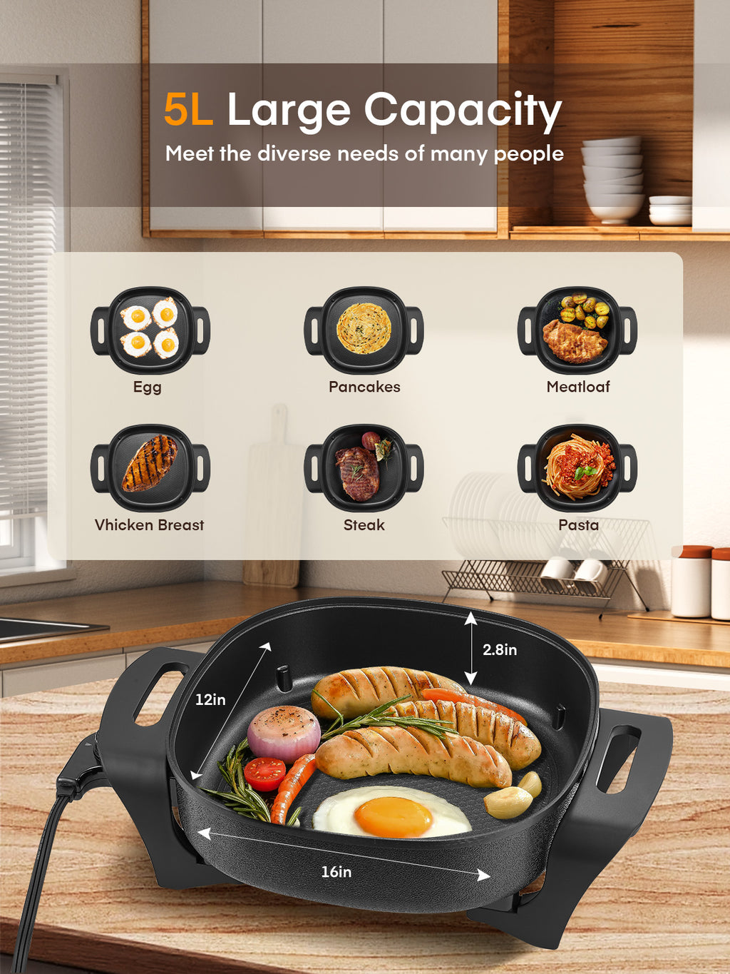 Electric Skillet, 12 Inch Deep Non Stick Electric Frying Pan with Stan ...