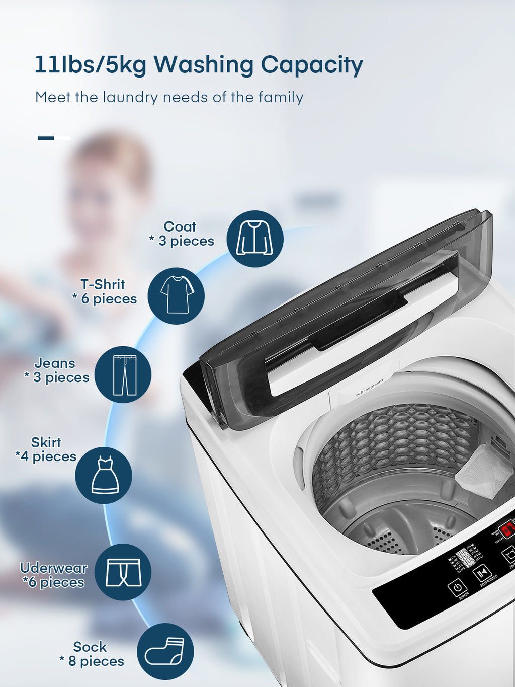 FOHERE 1.5Cu.Ft 11lbs Capacity Portable Machine, 8 Programs 10 Water ...