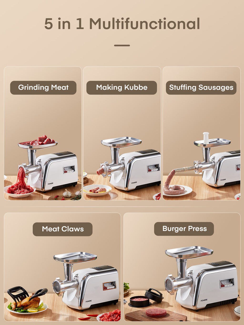 5 in1 Meat Grinder Heavy Duty with Sausage Stuffer (2 Sizes) • Kubbe M ...