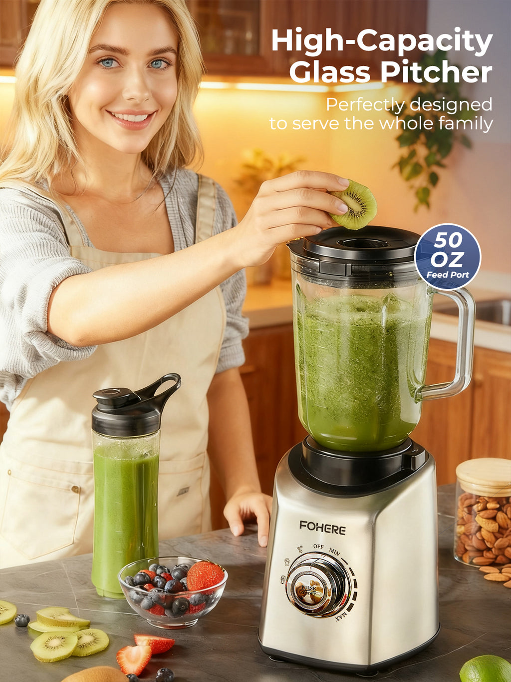 FOHERE Blender for Kitchen, 50 Oz Glass Professional Blenders for Smoo ...