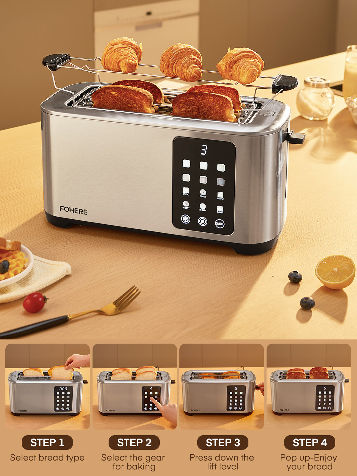 4 Slice Toaster Touch Screen Control, Long Extra-Wide Slots Smart Brea ...