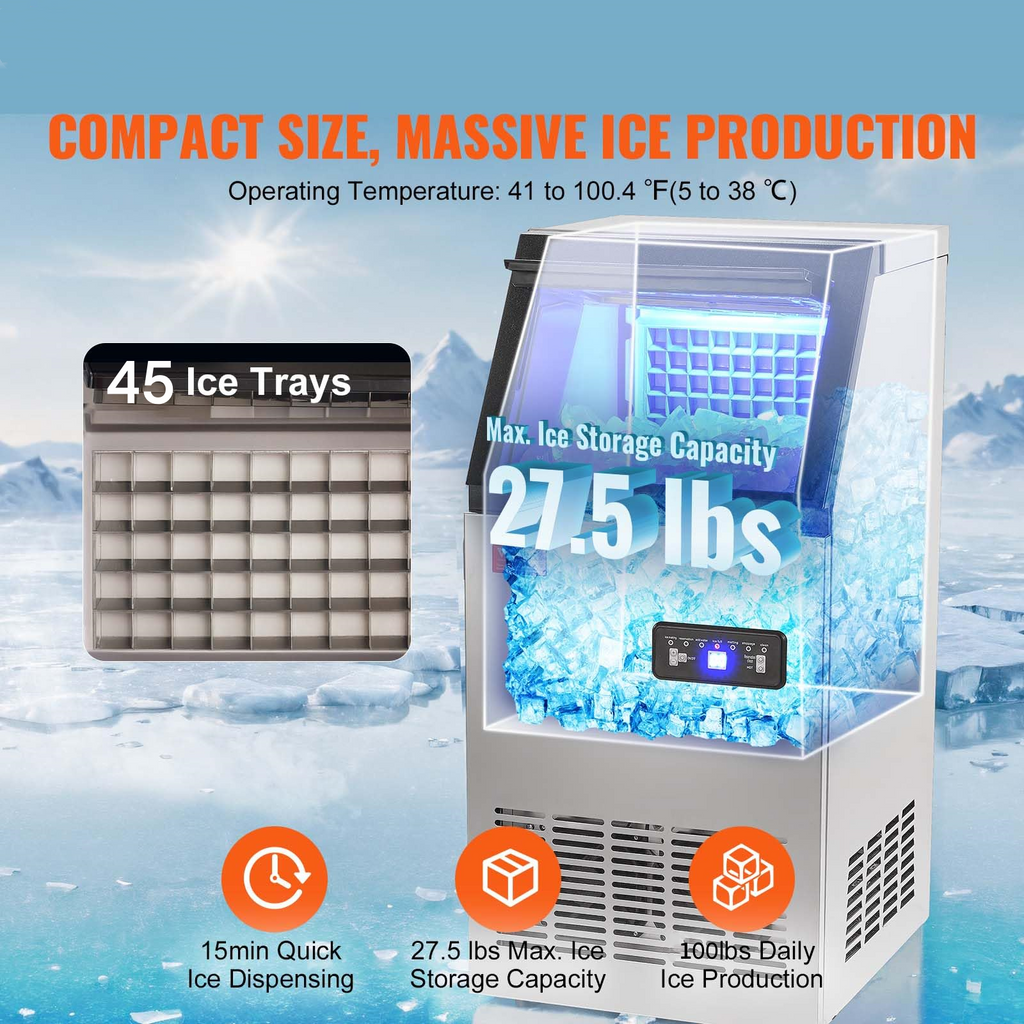 FOHERE Commercial Ice Maker 100lbs per Day, 10 Mins Output, Auto-Clean ...