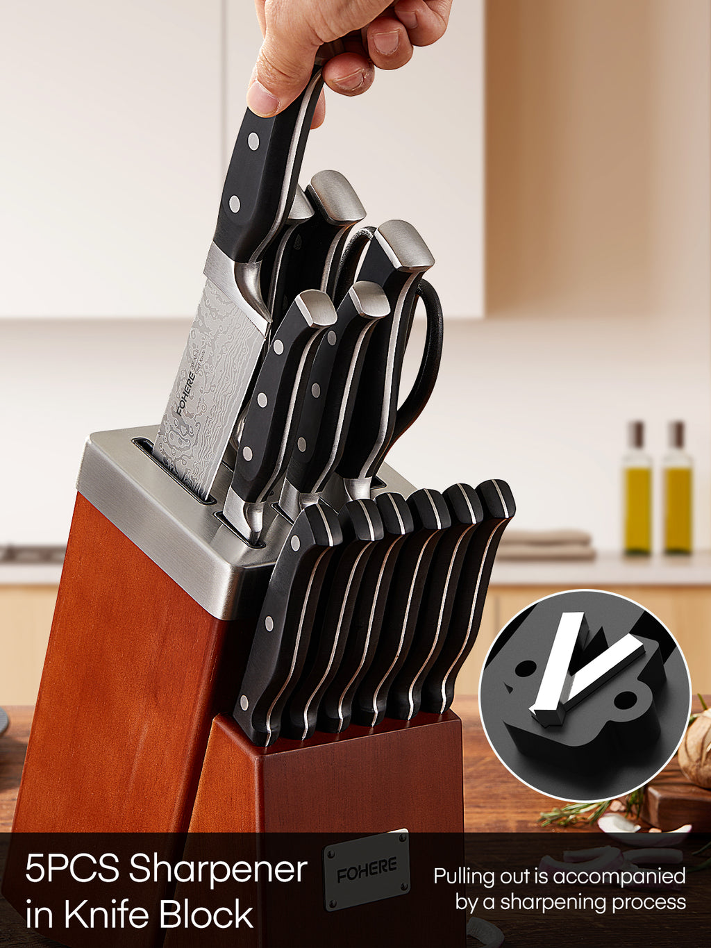 Knife Set with Block, FOHERE 14 Pieces Razor-Sharp Self Sharpening Kni ...