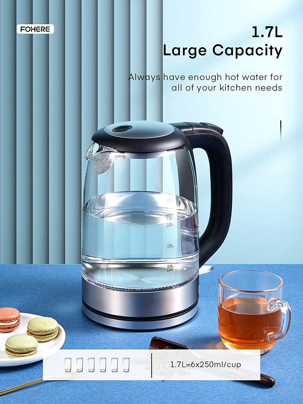 FOHERE Water Electric Kettle, 1.7L 1200W, Coffee & Tea Kettle Borosili ...