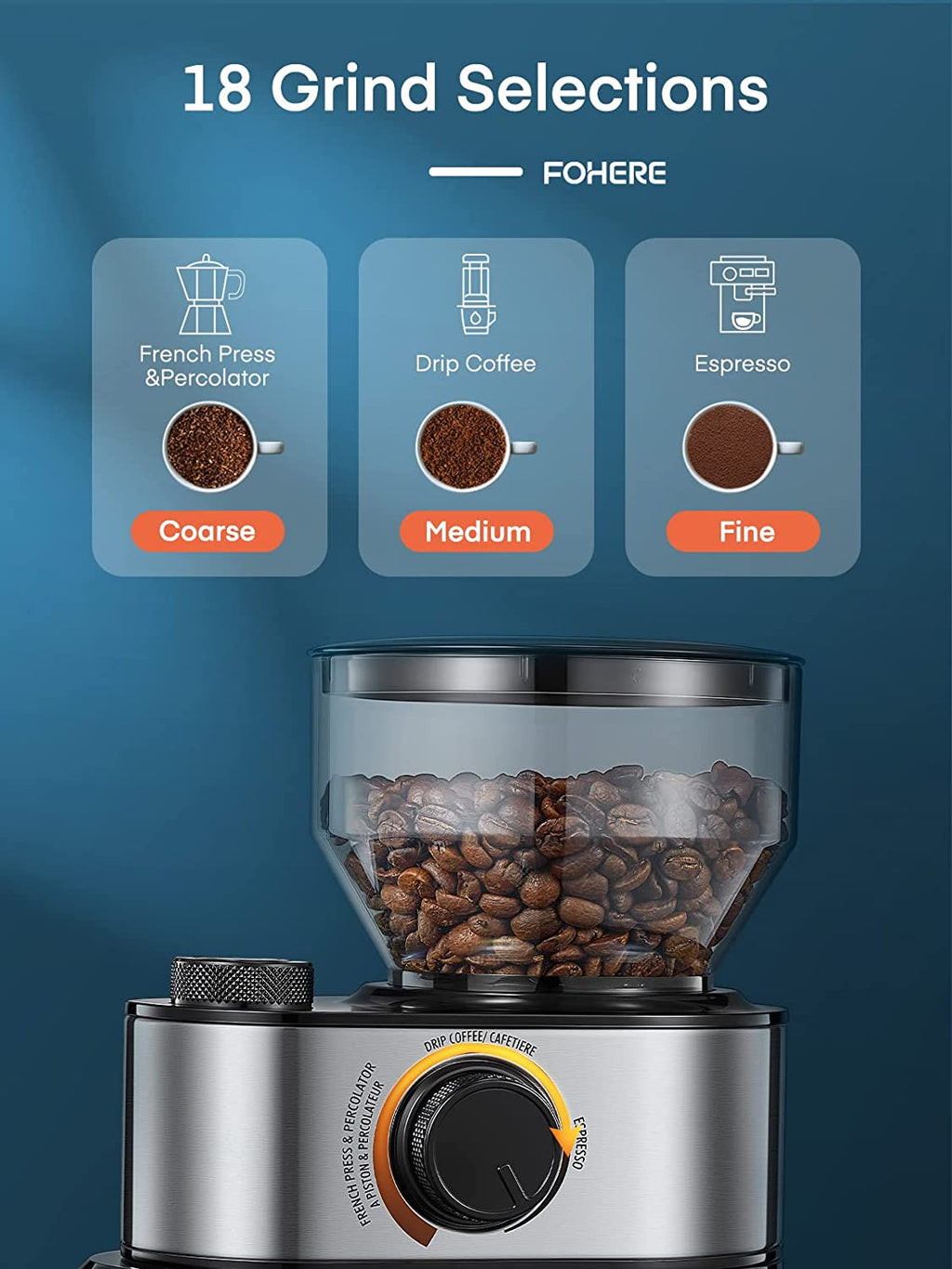Coffee Grinder Electric, FOHERE Coffee Bean Grinder with 18 Precise Gr ...